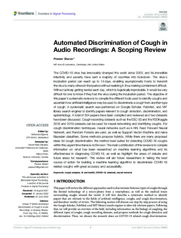 (PDF) Automated Discrimination of Cough in Audio Recordings: A Scoping ...