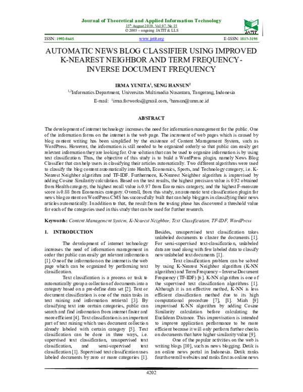 (PDF) Automatic News Blog Classifier Using Improved K-Nearest Neighbor and Term Frequency ...
