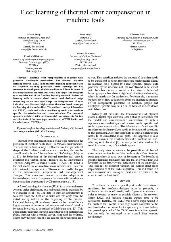(PDF) Fleet learning of thermal error compensation in machine tools