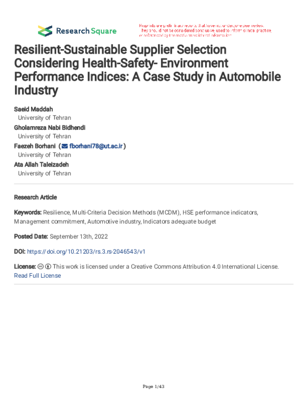 Pdf Resilient Sustainable Supplier Selection Considering Health Safety Environment