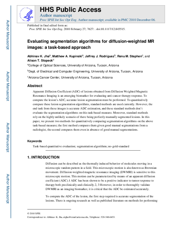Pdf Evaluating Segmentation Algorithms For Diffusion Weighted Mr Images A Task Based Approach