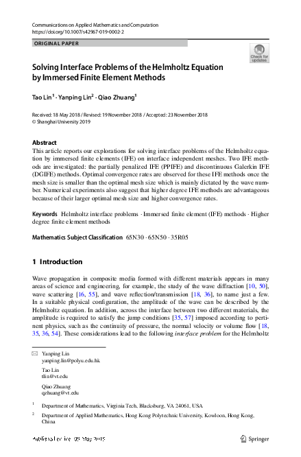 Pdf Solving Interface Problems Of The Helmholtz Equation By Immersed Finite Element Methods