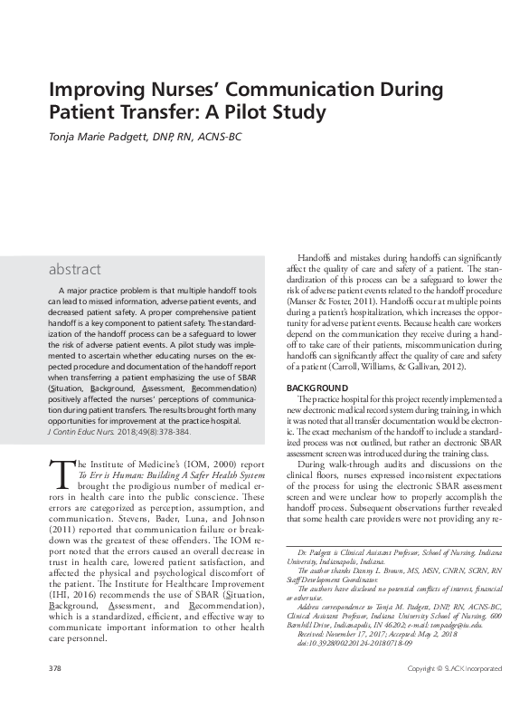 (PDF) Improving Nurses' Communication During Patient Transfer: A Pilot ...