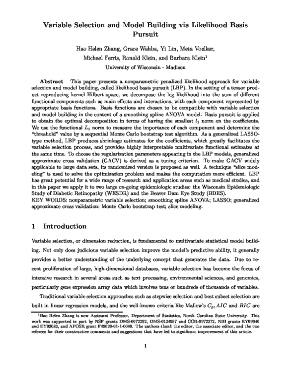 (PDF) Variable Selection and Model Building via Likelihood Basis Pursuit | Yanping Lin ...