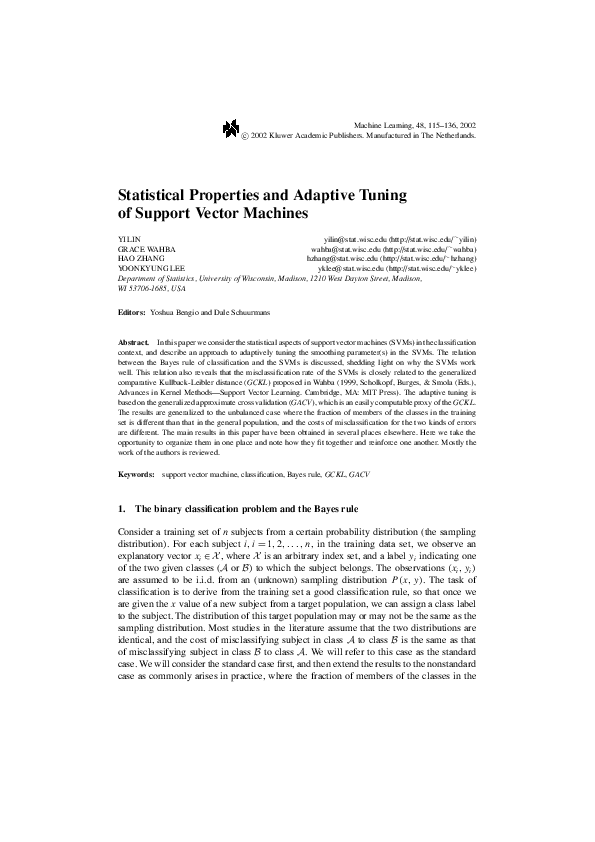 (PDF) Statistical Properties and Adaptive Tuning of Support Vector Machines