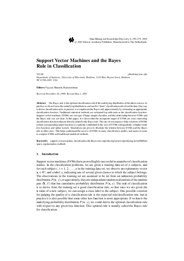 (PDF) Support Vector Machines and the Bayes Rule in Classification