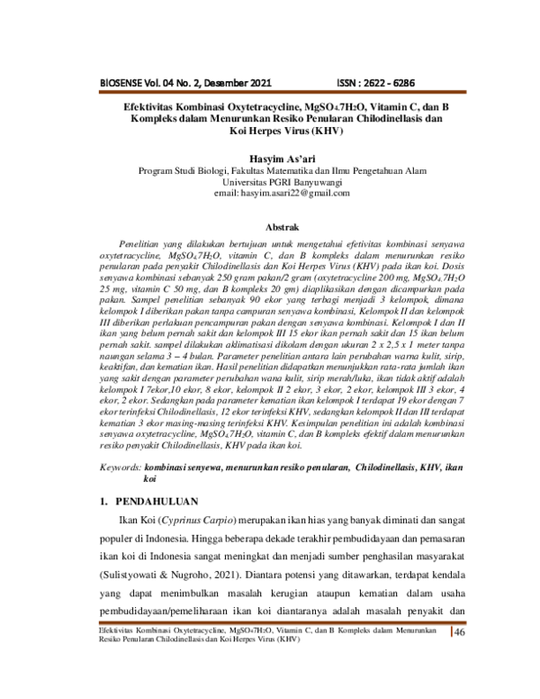 (PDF) Efektivitas Kombinasi Oxytetracycline, MgSO47H2O, Vitamin C, dan B Kompleks dalam ...