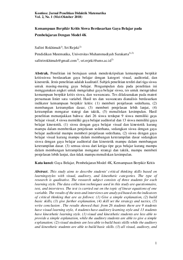 (PDF) Kemampuan Berpikir Kritis Siswa Berdasarkan Gaya Belajar pada Pembelajaran dengan Model 4K