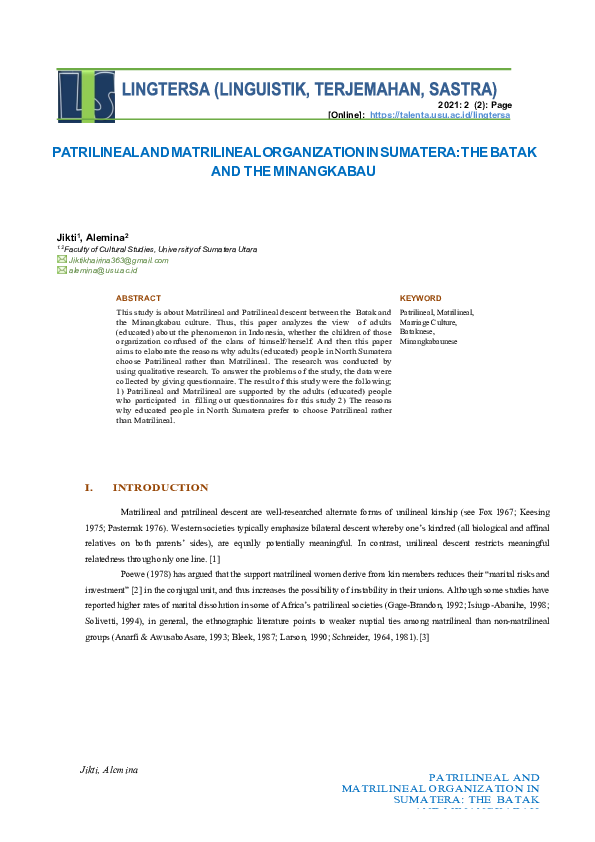 (PDF) Patrilineal and Matrilineal Organization in Sumatera: the Batak ...