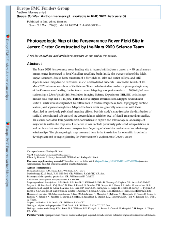 (PDF) Photogeologic Map of the Perseverance Rover Field Site in Jezero ...