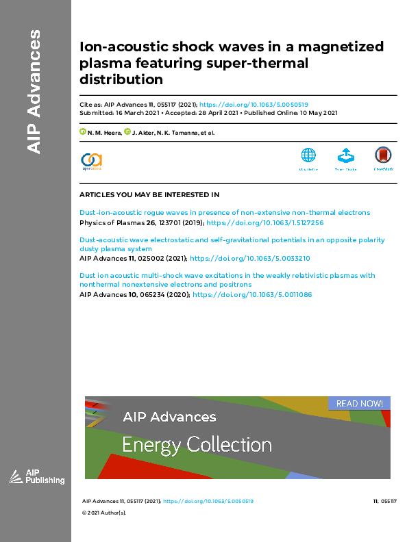 (PDF) Ion-acoustic Shock Waves in a Magnetized Plasma Featuring Super-thermal Distribution