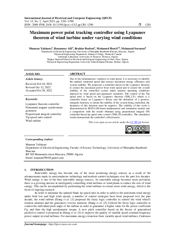 (PDF) Maximum power point tracking controller using Lyapunov theorem of wind turbine under ...