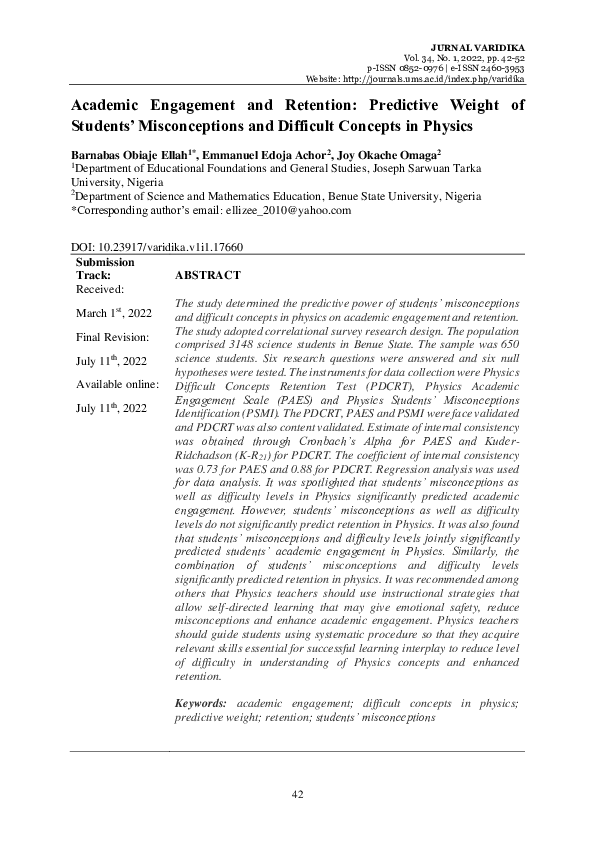 (PDF) Academic Engagement and Retention: Predictive Weight of Students' Misconceptions and ...