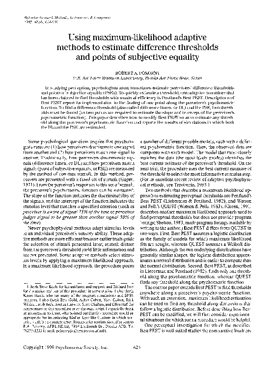 Pdf Using Maximum Likelihood Adaptive Methods To Estimate Difference Thresholds And Points Of