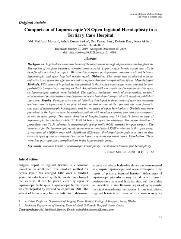 (PDF) Comparison of Laparoscopic VS Open Inguinal Hernioplasty in a Tertiary Care Hospital | deb ...