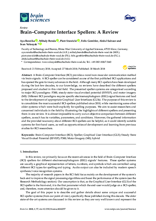 Pdf Brain Computer Interface Spellers A Review