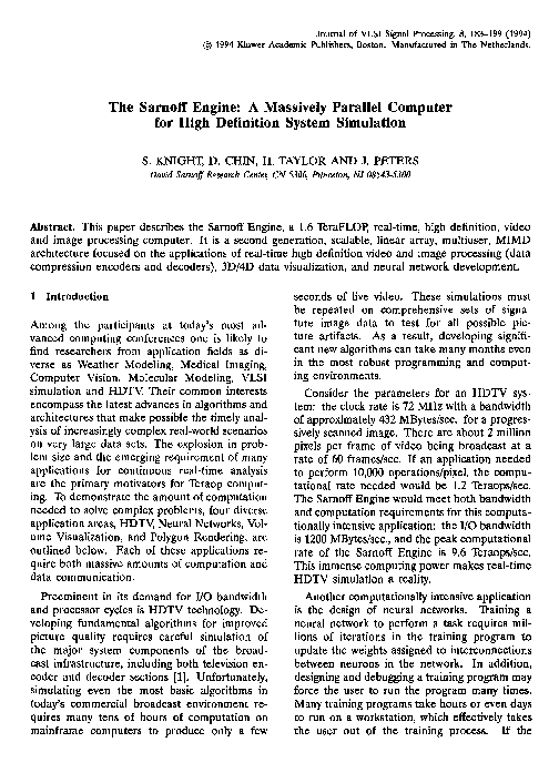 (PDF) The sarnoff engine: A massively parallel computer for high definition system simulation ...