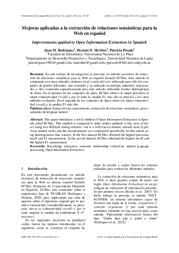 (PDF) Improvements applied to Open Information Extraction in Spanish