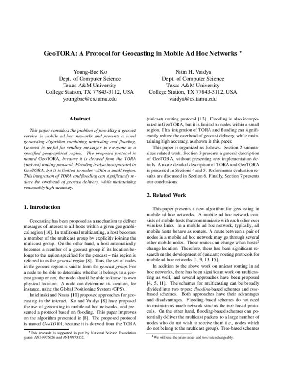 (PDF) GeoTORA: a protocol for geocasting in mobile ad hoc networks