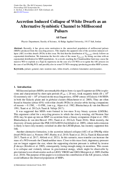 (PDF) Accretion Induced Collapse of White Dwarfs as an Alternative ...