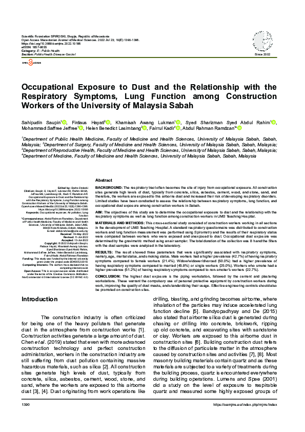 (PDF) Occupational Exposure to Dust and the Relationship with the Respiratory Symptoms, Lung ...