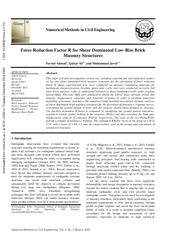 Pdf Force Reduction Factor R For Shear Dominated Low Rise Brick Masonry Structures M Javed
