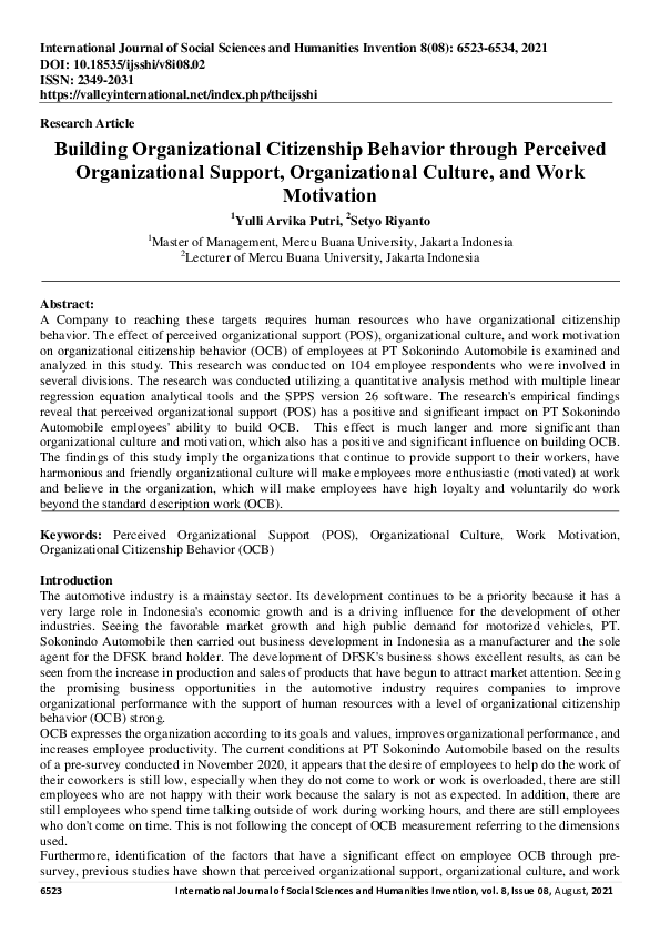 (PDF) Buiding Organizational Citizenship Behavior through Organizational Support, Organizational ...