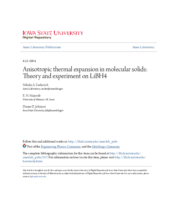 (PDF) Anisotropic thermal expansion in molecular solids: Theory and experiment on LiBH 4