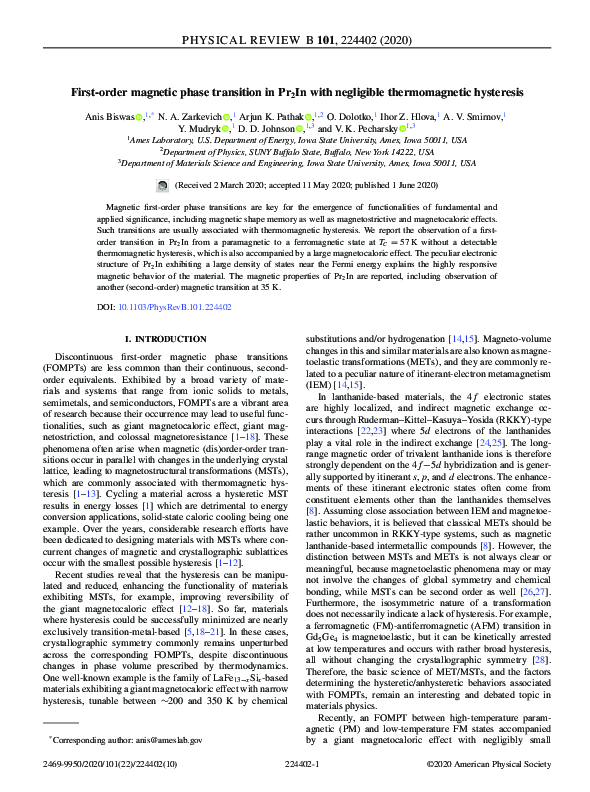 (PDF) First-order magnetic phase transition in Pr2In with negligible ...