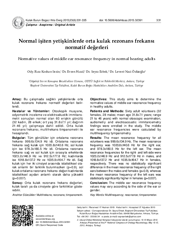 (PDF) [Normative values of middle ear resonance frequency in normal hearing adults]