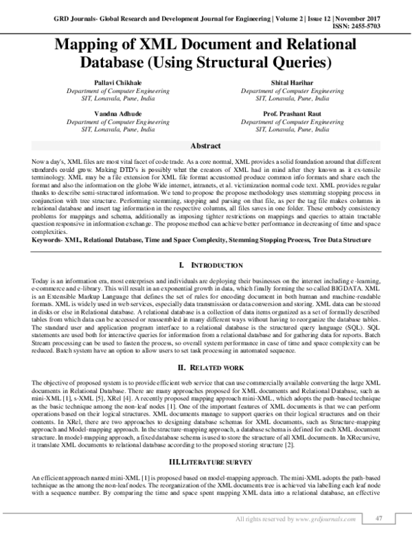 (PDF) Mapping of XML Document and Relational Database (Using Structural Queries)