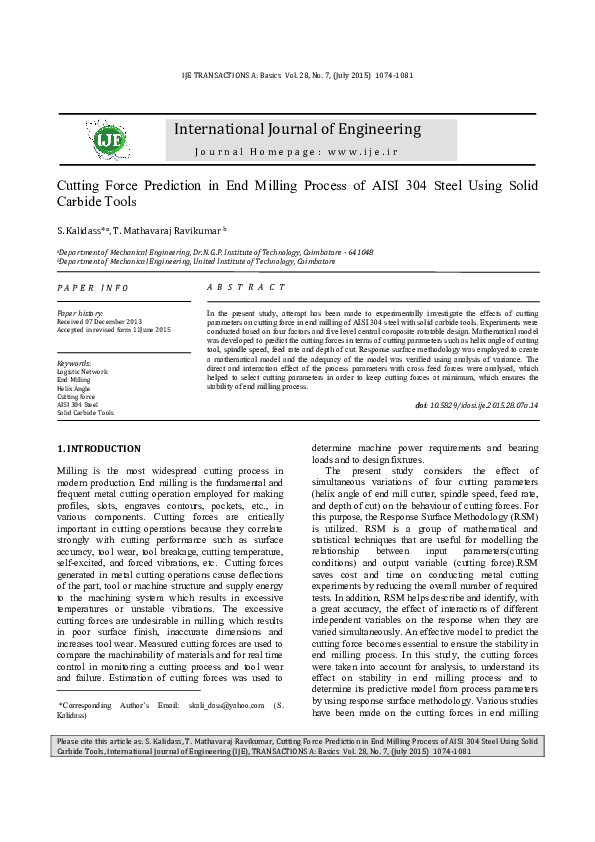 Pdf Cutting Force Prediction In End Milling Process Of Aisi 304 Steel Using Solid Carbide Tools