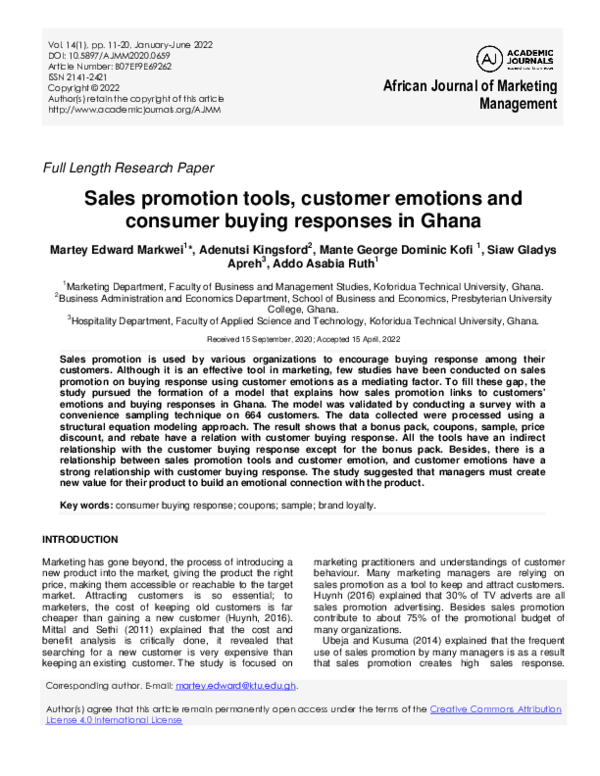 (PDF) Sales promotion tools, customer emotions and consumer buying responses in Ghana