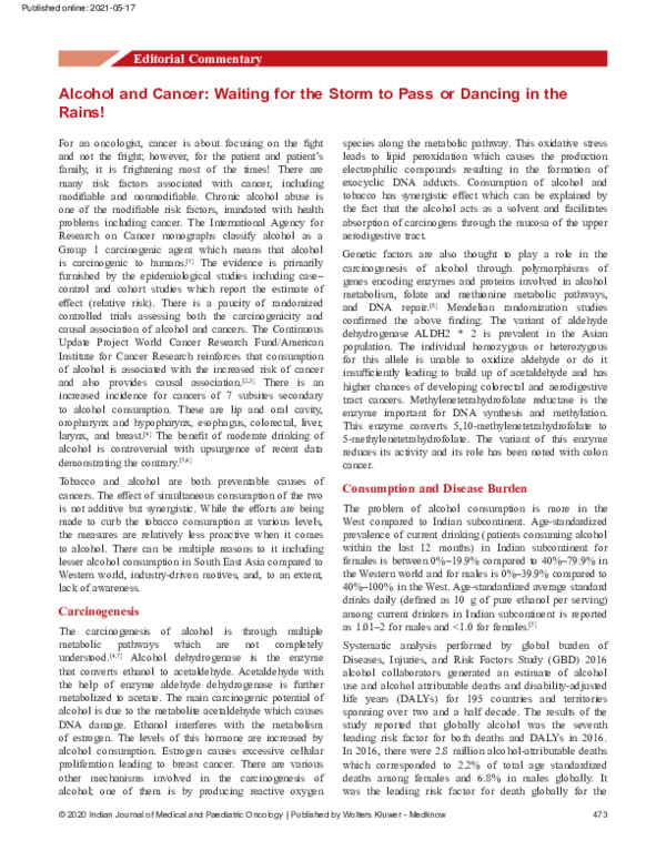 (PDF) Alcohol and Cancer: Waiting for the Storm to Pass or Dancing in ...