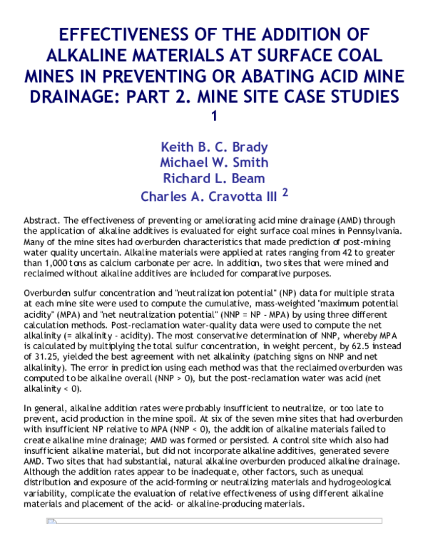 (PDF) Effectiveness of the Addition of Alkaline Materials at Surface Coal Mines in Preventing ...