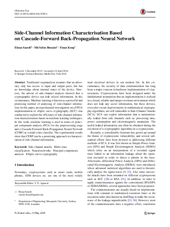 (PDF) Side-Channel Information Characterisation Based on Cascade-Forward Back-Propagation Neural ...