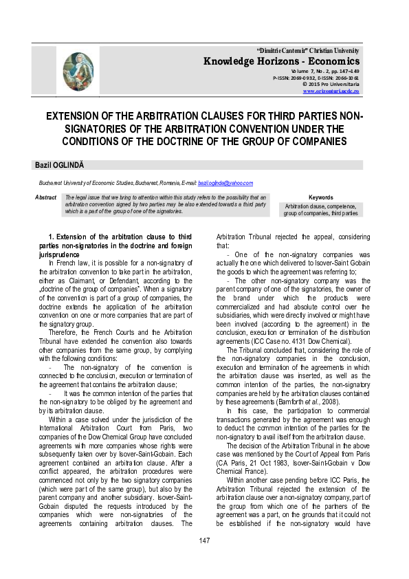 (PDF) Extension of the Arbitration Clauses for Third Parties Non-Signatories of the Arbitration ...