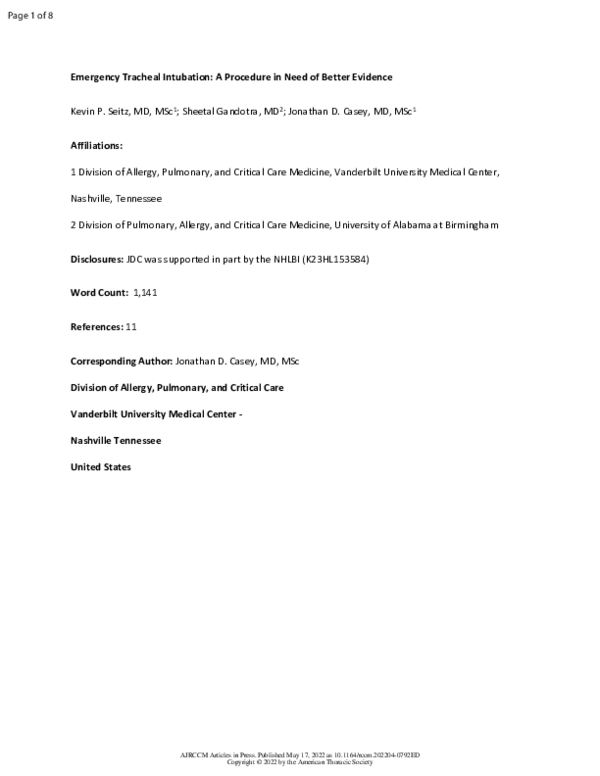 (PDF) Emergency Tracheal Intubation: A Procedure in Need of Better Evidence