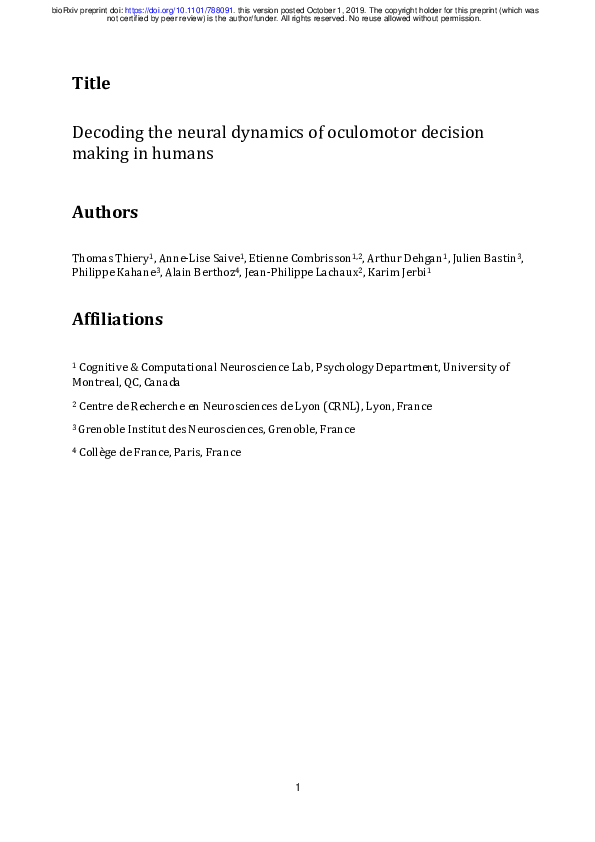 (PDF) Decoding the neural dynamics of oculomotor decision making in humans