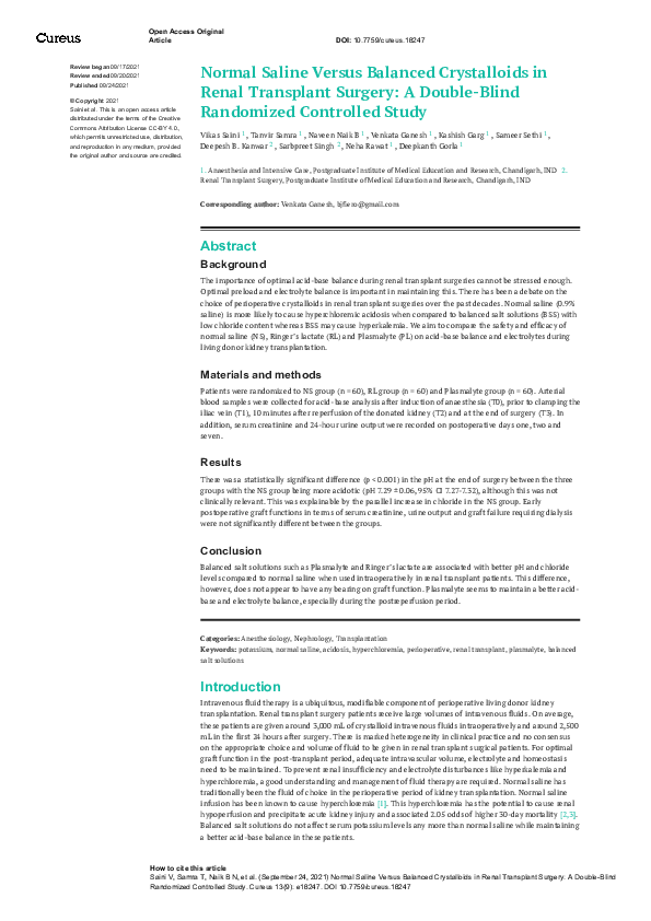 (PDF) Normal Saline Versus Balanced Crystalloids in Renal Transplant ...