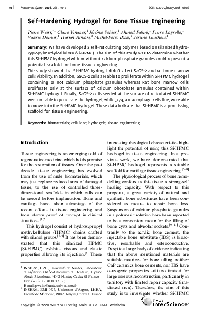 (PDF) Self‐Hardening Hydrogel for Bone Tissue Engineering