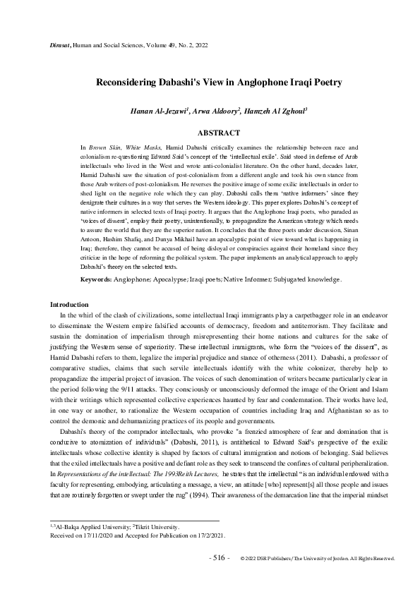 (PDF) Reconsidering Dabashi's View in Anglophone Iraqi Poetry