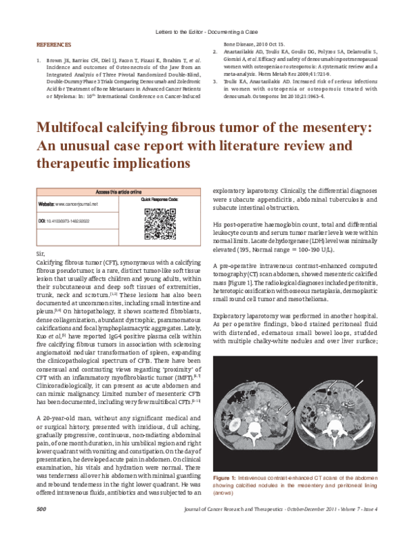 (PDF) Multifocal calcifying fibrous tumor of the mesentery: An unusual ...