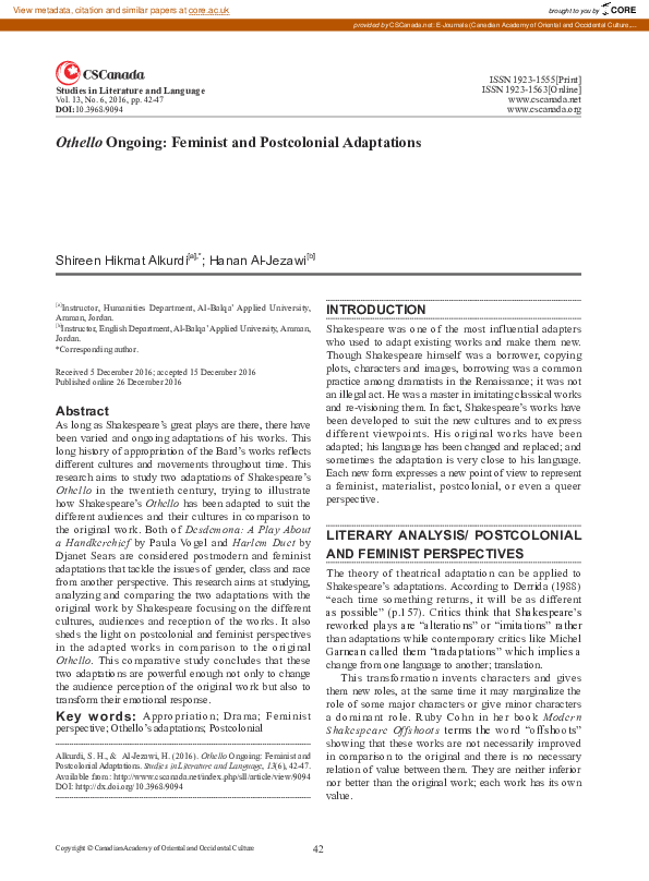 (PDF) Othello Ongoing: Feminist and Postcolonial Adaptations