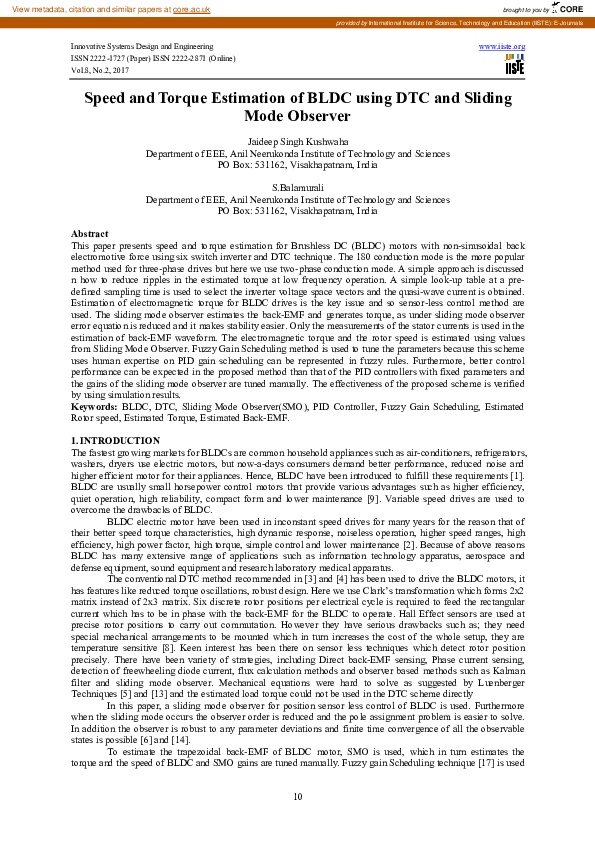 Pdf Speed And Torque Estimation Of Bldc Using Dtc And Sliding Mode