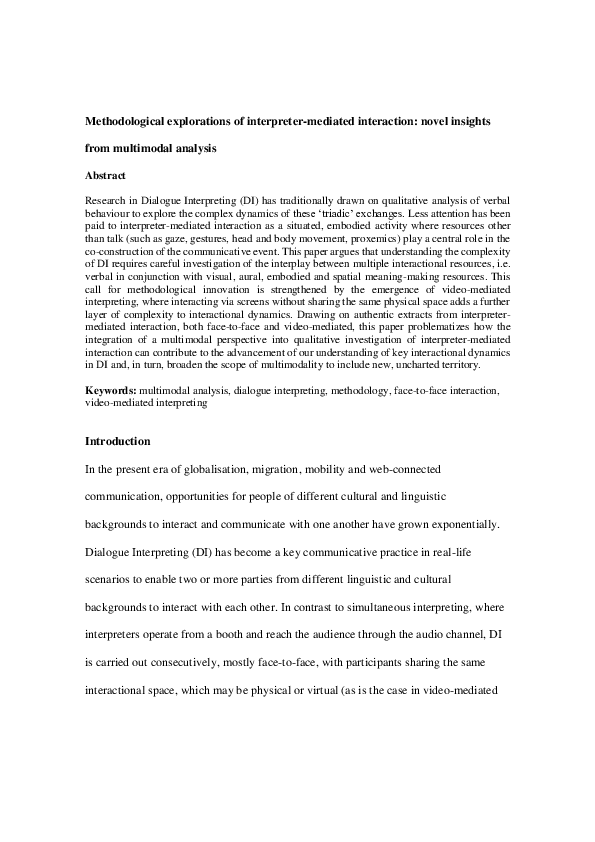 (PDF) Methodological explorations of interpreter-mediated interaction: novel insights from ...