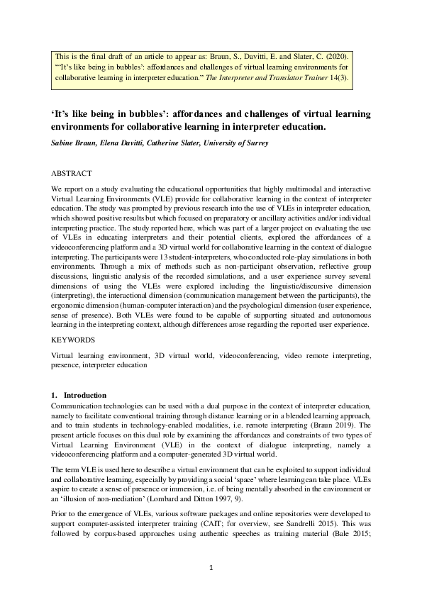 Pdf ‘its Like Being In Bubbles Affordances And Challenges Of Virtual Learning Environments