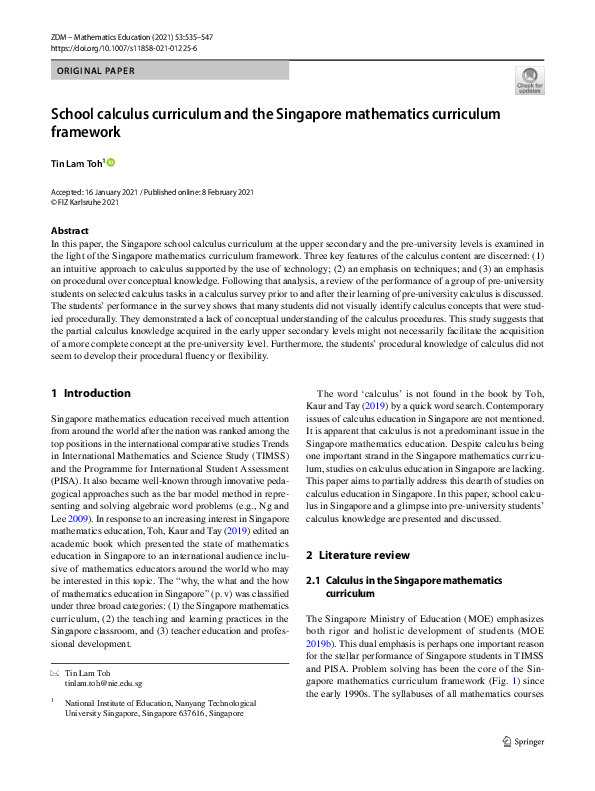 (PDF) School calculus curriculum and the Singapore mathematics curriculum framework