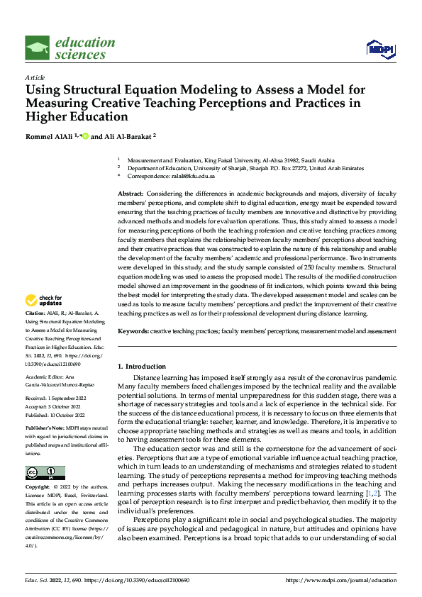 Pdf Using Structural Equation Modeling To Assess A Model For Measuring Creative Teaching