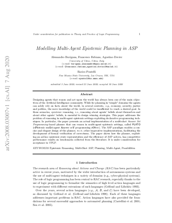 (PDF) Modelling Multi-Agent Epistemic Planning in ASP